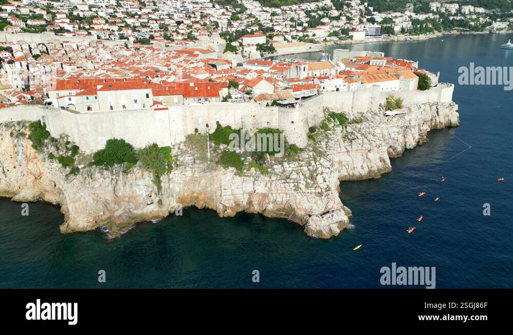 Dubrovnik Croatia walled town rising crane drone aerial view Stock ...