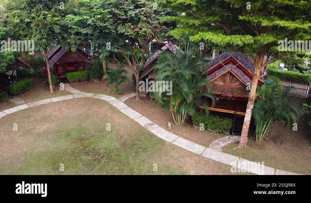 Aerial: thai tree houses outside the village of Pai, Thailand Stock ...