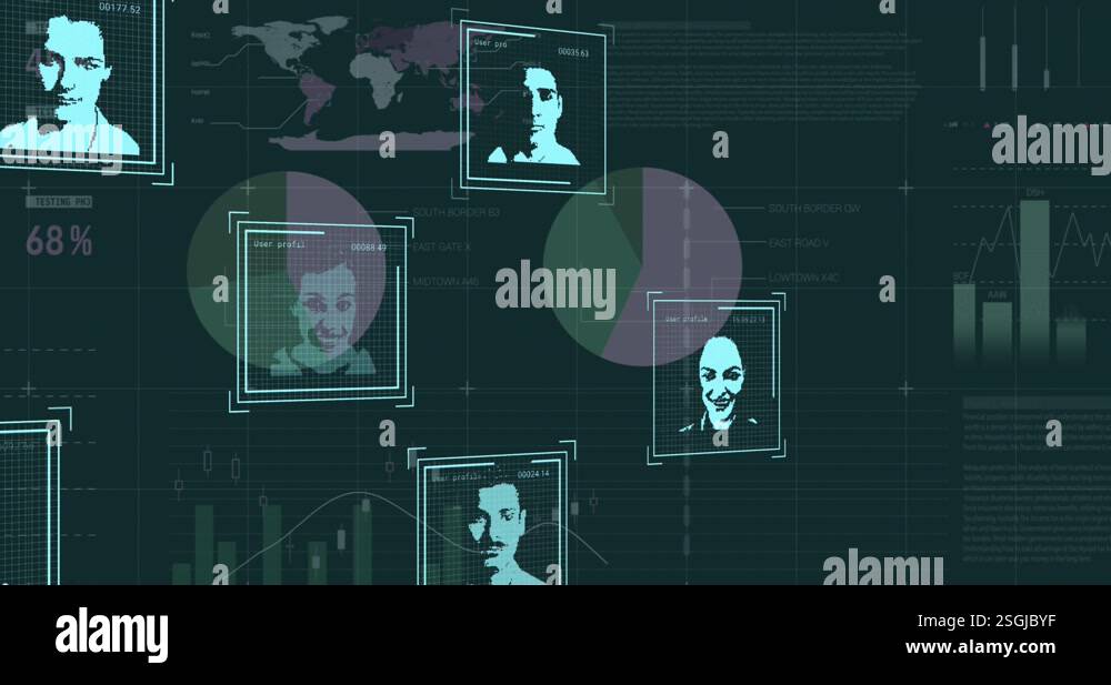 Animation of social media users, graphs and financial data on black ...