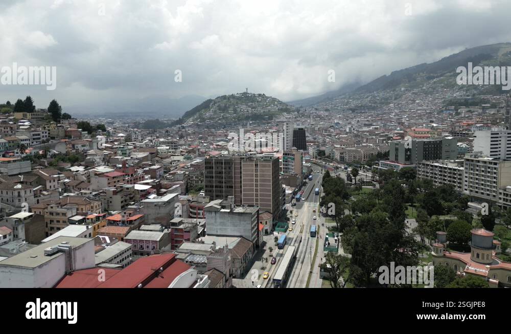 Rising aerial view of Quito, Ecuador revealing how urbanized and Stock ...