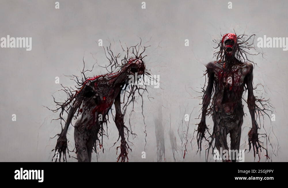 Stop motion animation of surreal painting of a deformed bloody zombies ...