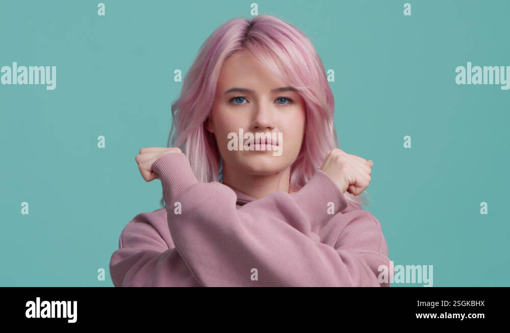 Say no holding folded crossed hands stop gesture by hipster girl with ...