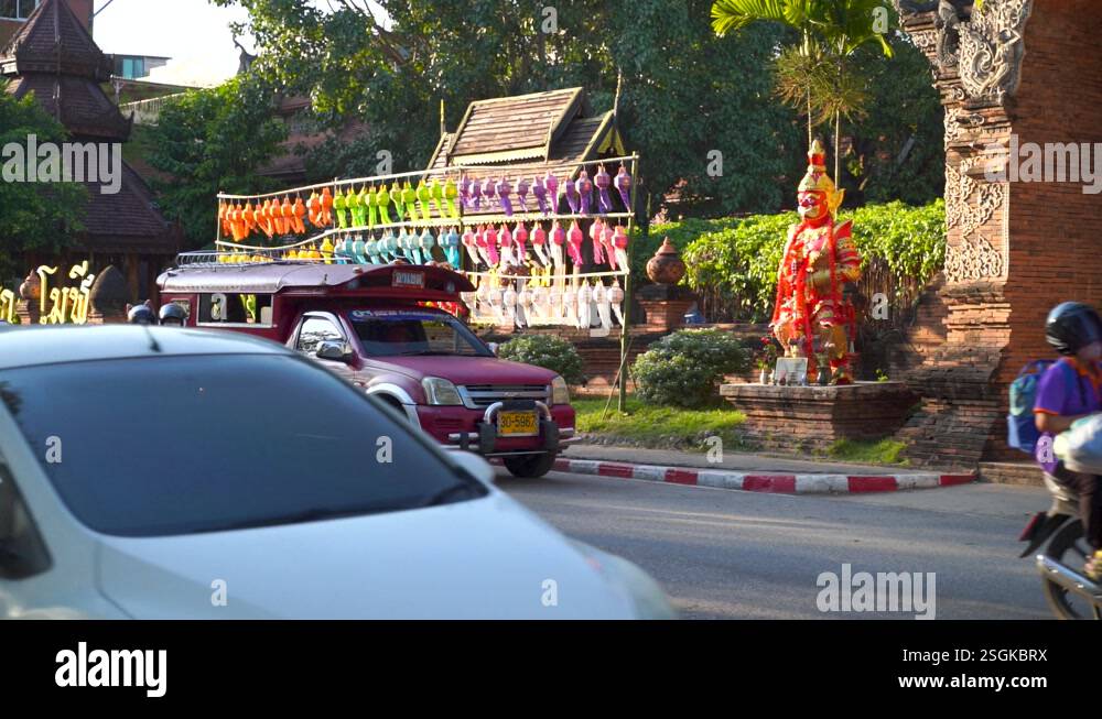 Typical red Songthaew parked on street in Chiang Mai Stock Video ...
