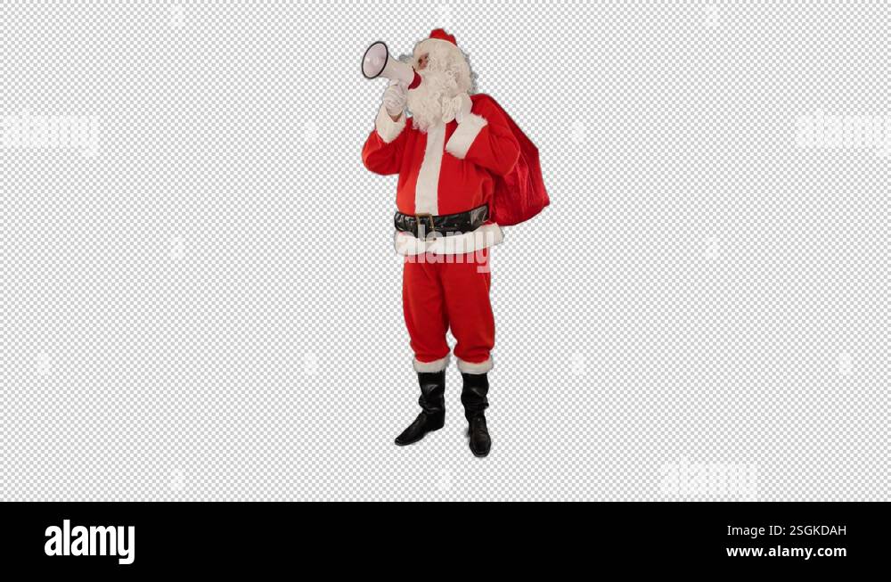 Santa Claus with a bag full of presents speaking through a bullhorn ...