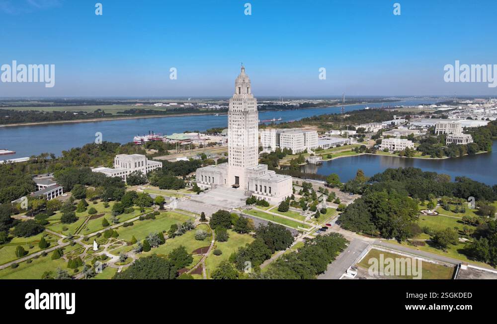Capitol Building in Downtown Baton Rouge, Louisiana Aerial Tracking ...