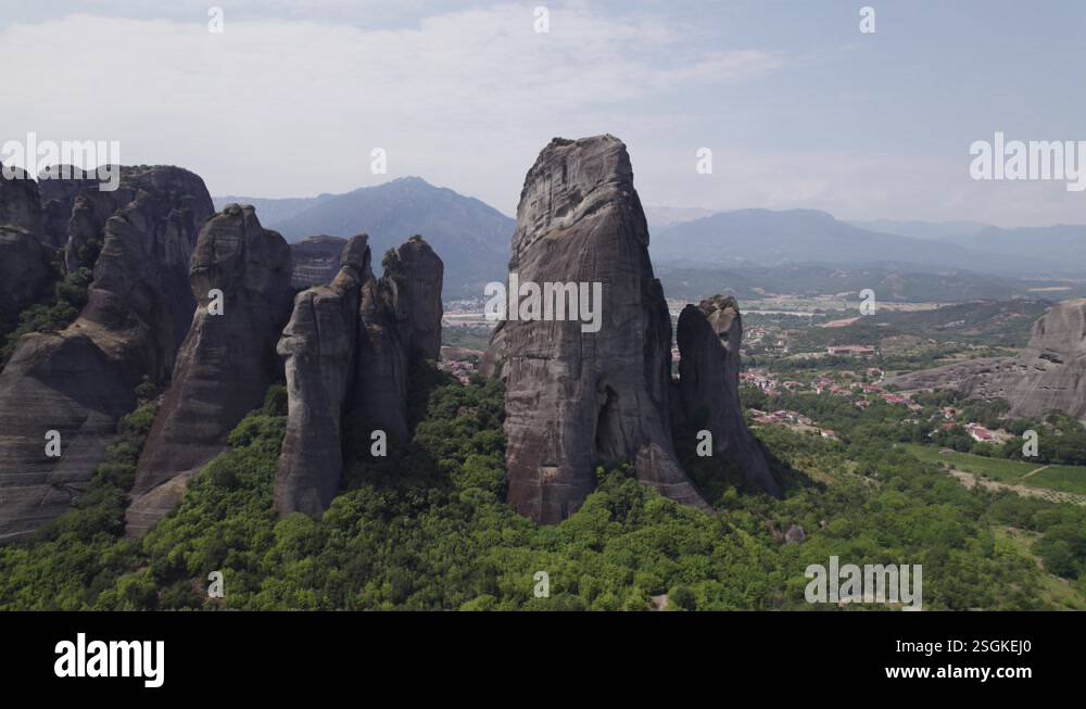 Aerial View Of The Famous Rock Pillars Of Meteora In Greece. Slow ...