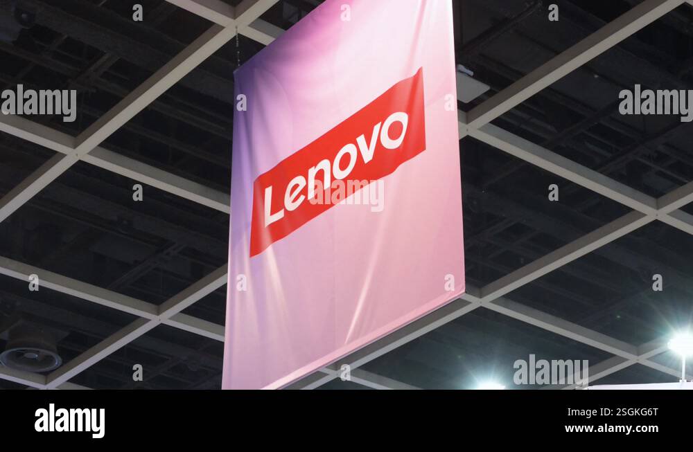 Lenovo brand logo is seen at its booth store during the Hong Kong ...