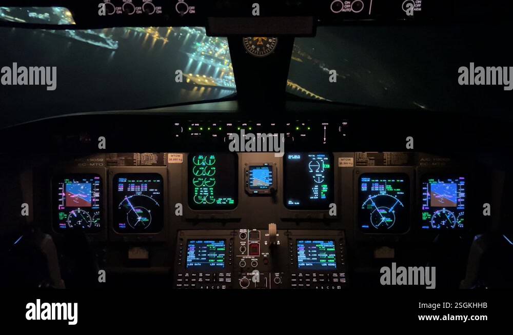 Unique night view from a jet cockpit durinng the approach to Valencia’s ...