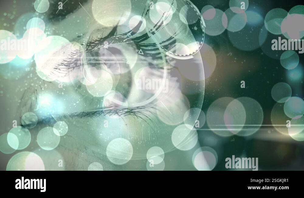 Green glowing spots of light, data processing and scope scanning over ...