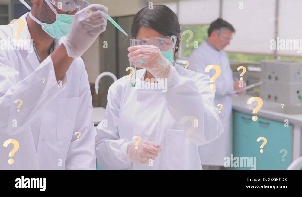 Animation of question marks over diverse female and male lab workers with Stock Video Footage ...