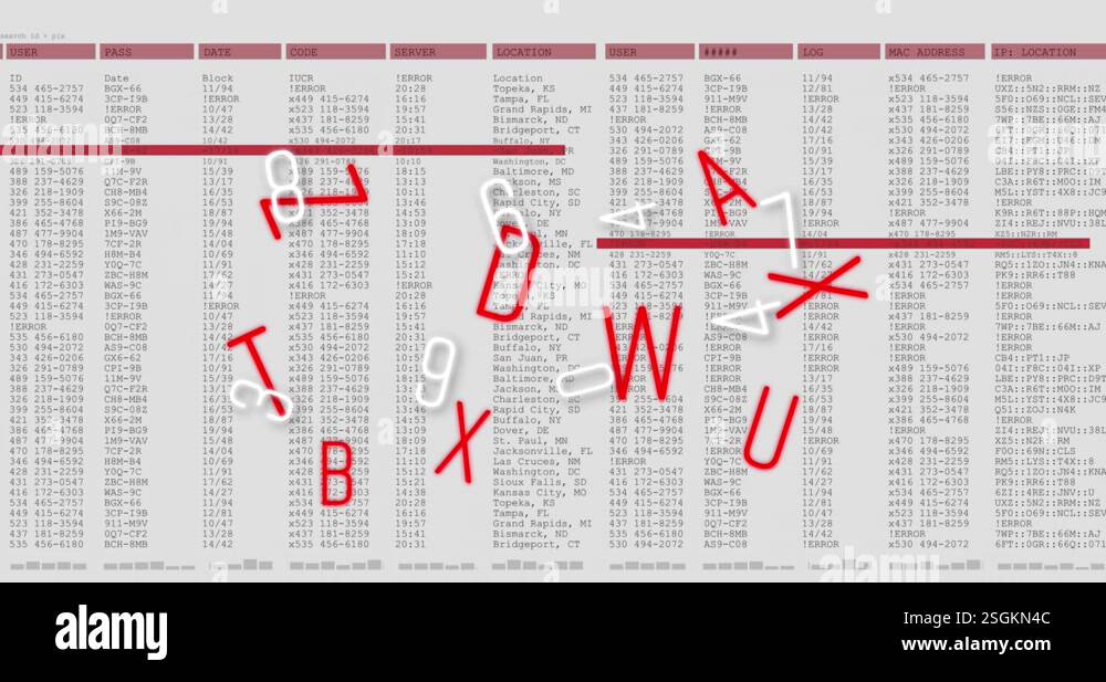 Animation of falling data processing over falling numbers and letters ...