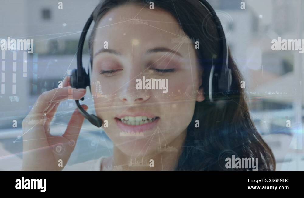 Animation of network of connections over happy caucasian female ...