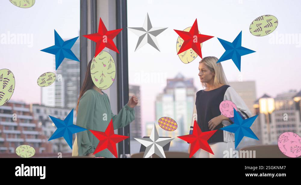 Animation of balls and stars in usa flag colours over diverse woman ...