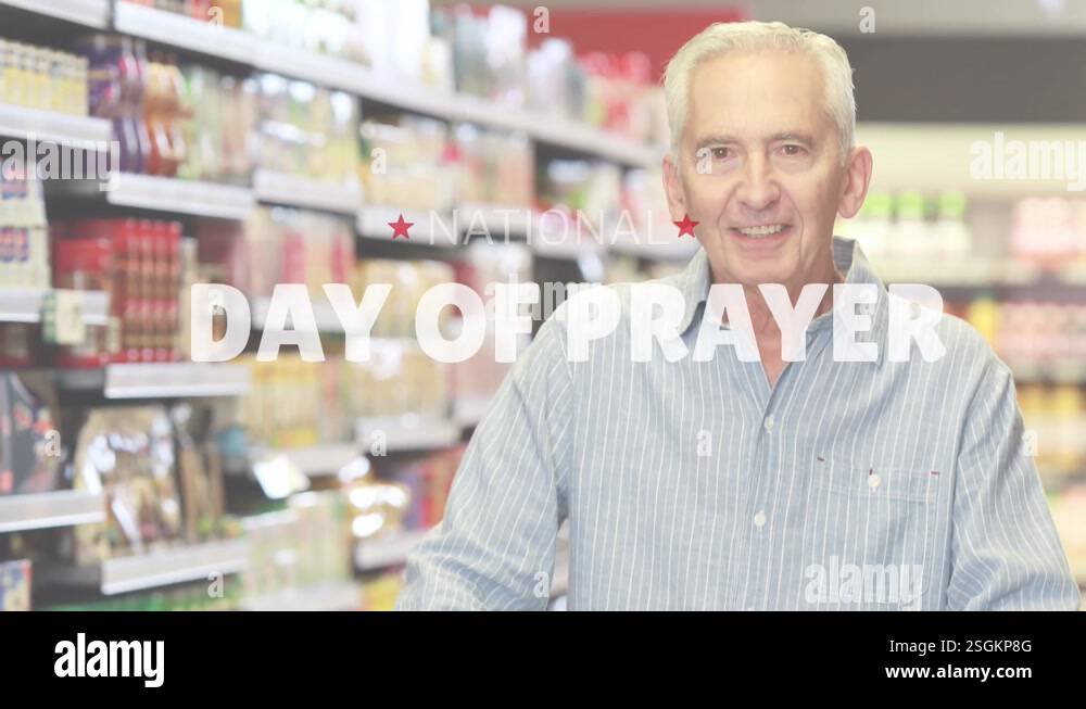 Animation of national day of prayer over senior men in the store Stock ...