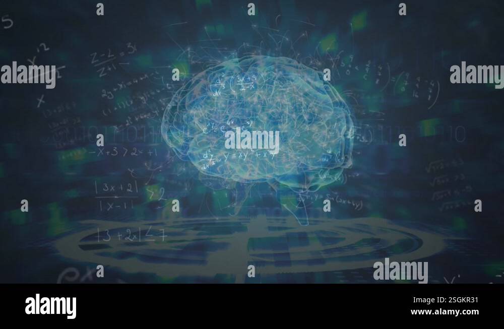 Animation of rotating brain and math formulas on navy background Stock ...