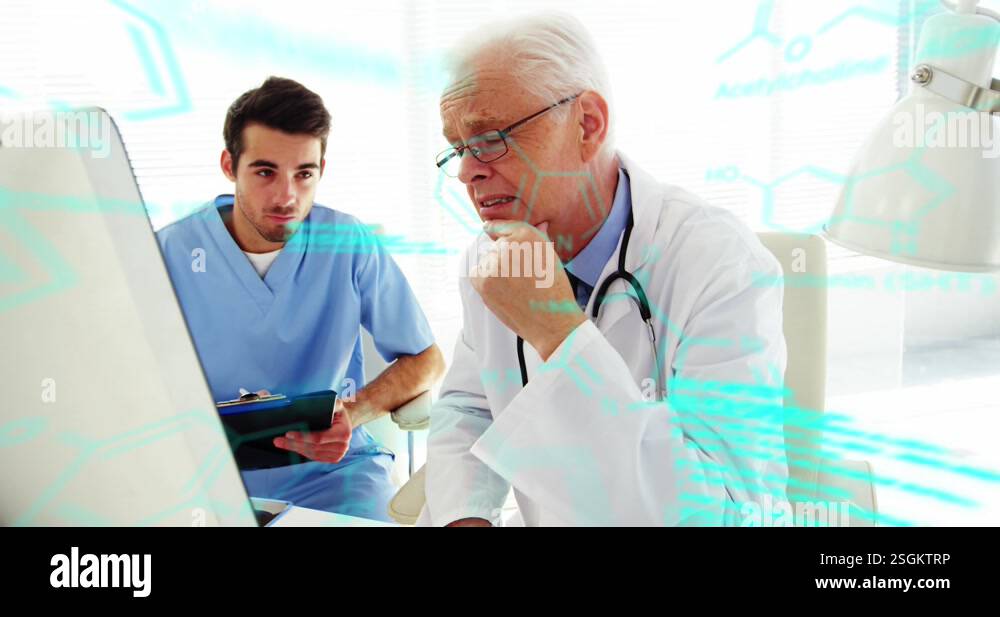 Animation of chemical formulas and data processing over caucasian ...