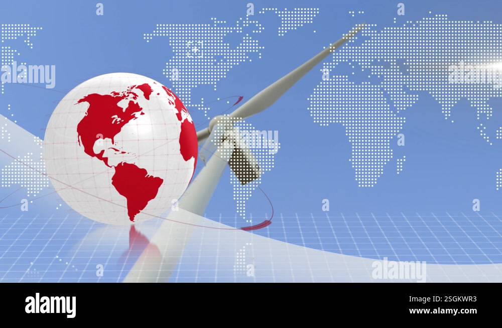 Animation of globe and world map data processing over wind turbine ...