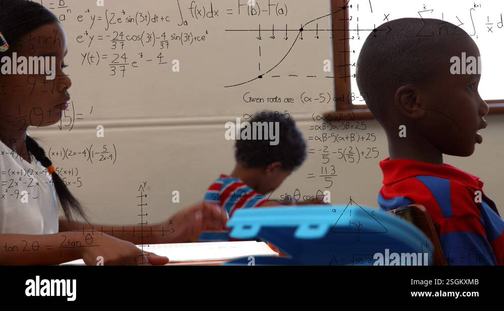 Animation of math formulas over african american children learning at ...