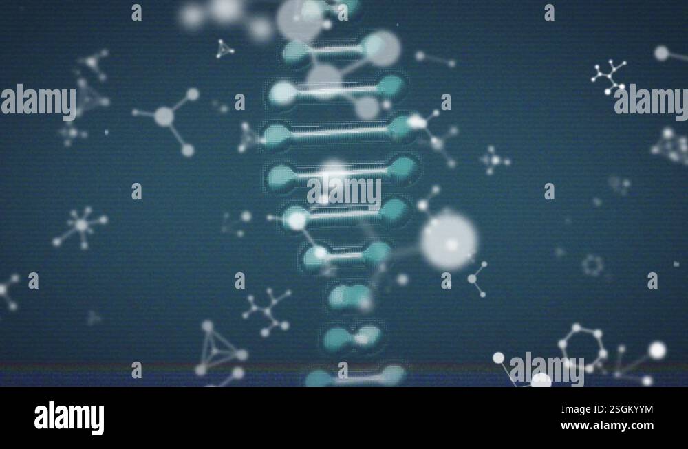 Dna Structure Spinning And Molecular Structures Floating Against Blue