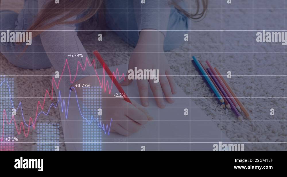Animation of financial data and graphs over hands of caucasian girl ...