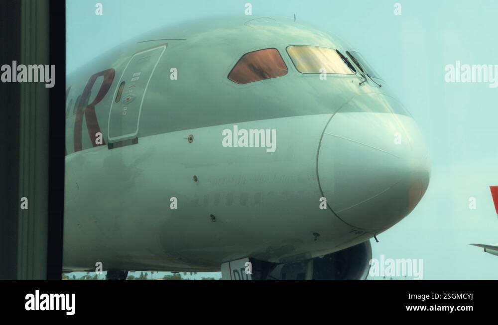 Qatar Airways Boeing 787 Dreamliner at Gate, nose view from Inside ...