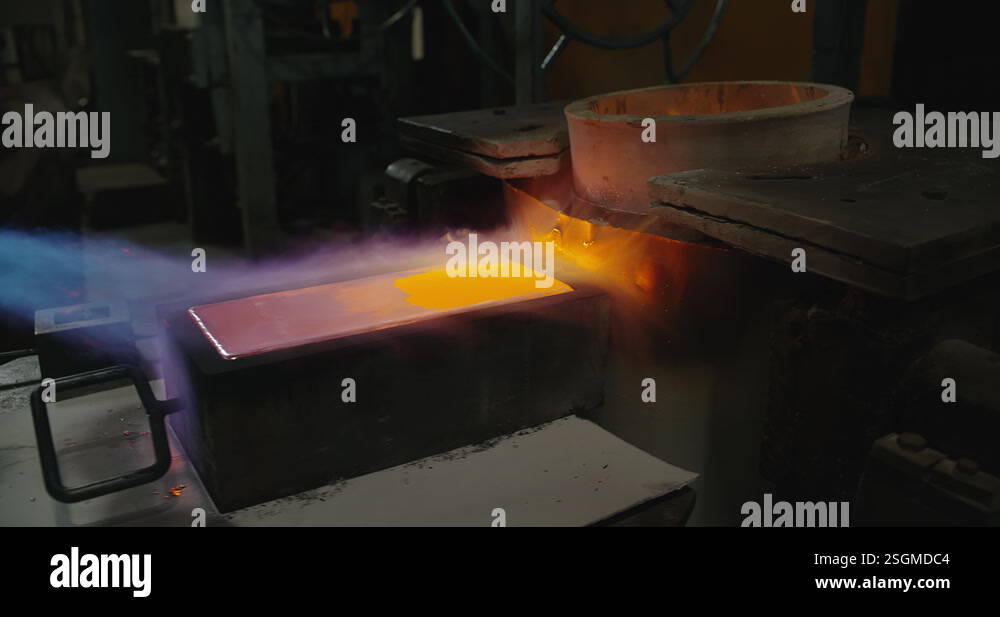 Non Ferrous Metal Factory Worker Uses Fire to Compress Ingot With Gold ...