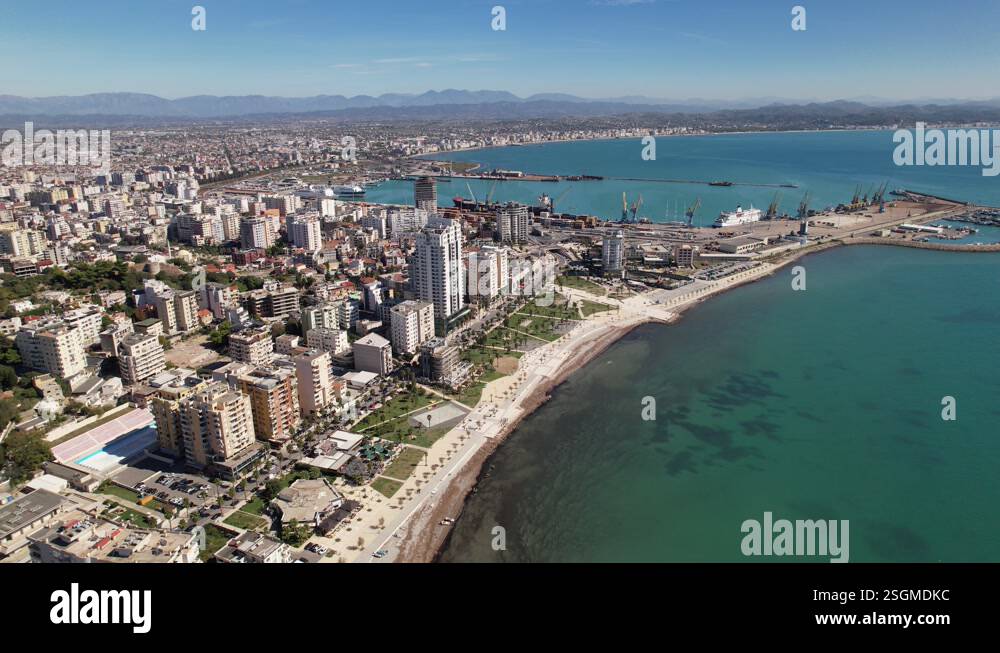 Aerial view of Durres in Albania, coastal city with buildings, beach ...