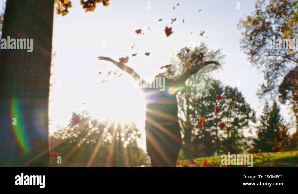 Happy Woman Throwing Up in the Air Autumn Leaves with Sunbeam and Lens ...