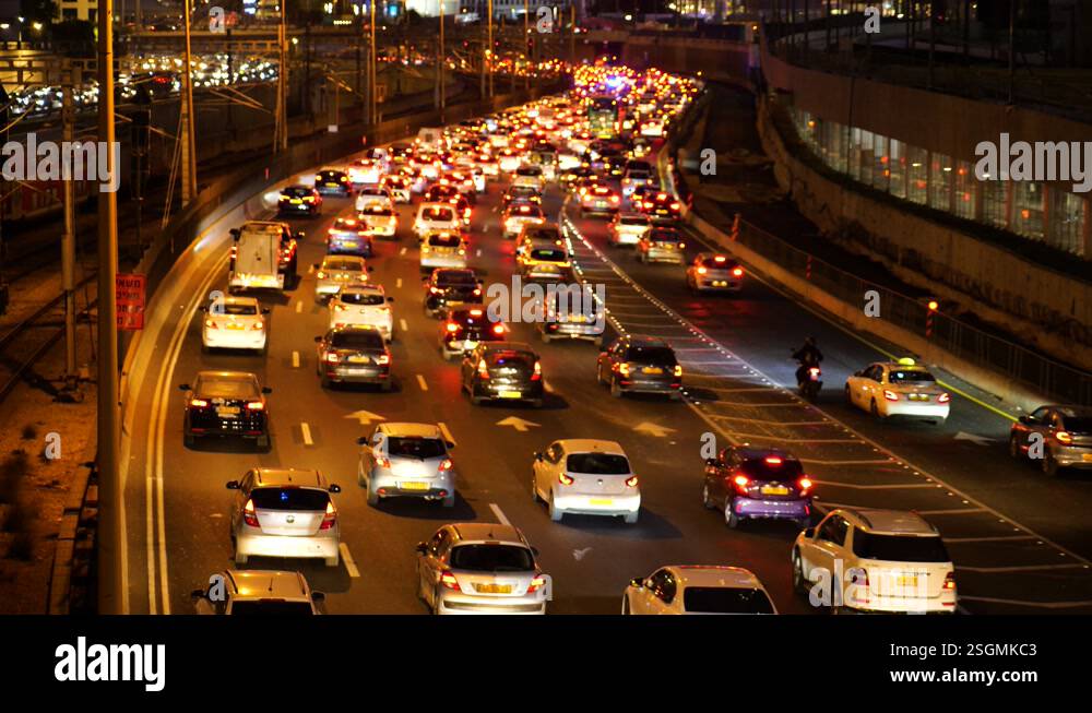 Slow moving multi lane traffic jam on the highway in the evening, Tel ...