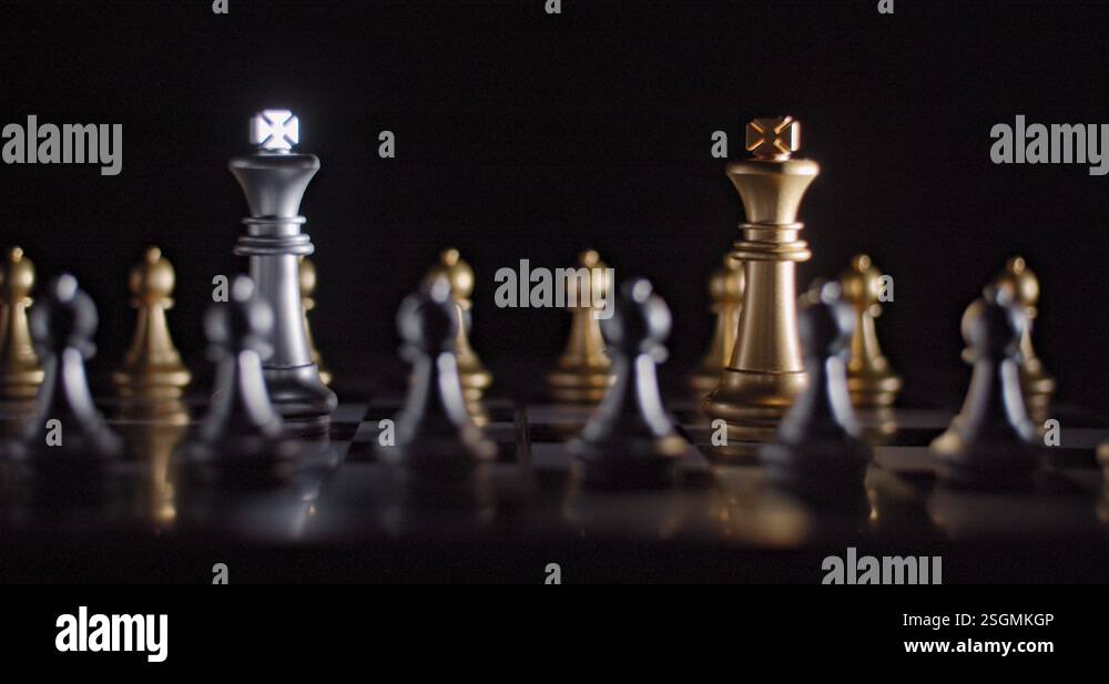 Cinematic shot of two kings facing off on a chess board surrounded by ...
