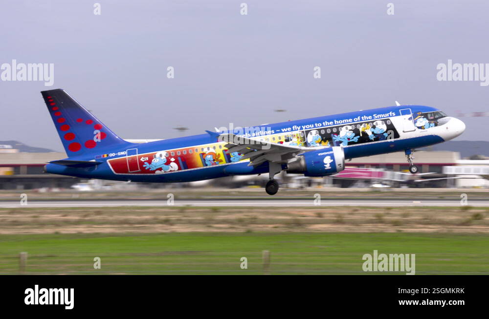 the take-off of the unique smurf plane airbus a320 of brussels airlines ...