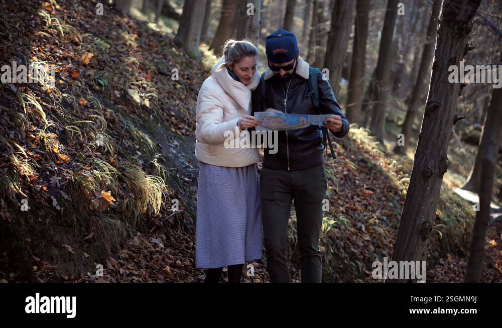 Traveler Explore Forest. Tourist Forest Map Search Path. Couple Tourist ...