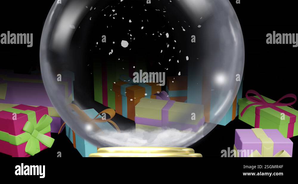 Animation of christmas snow globe with christmas presents and snow ...