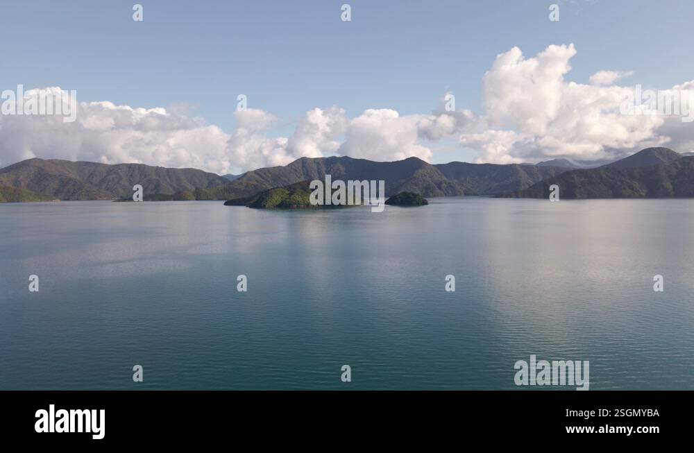Cinematic aerial orbit of Allports Island at Queen Charlotte Sound, New ...