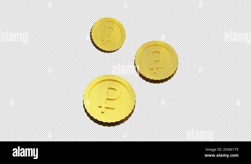 Stylized gold ruble floating coins movement on white background. 3D ...