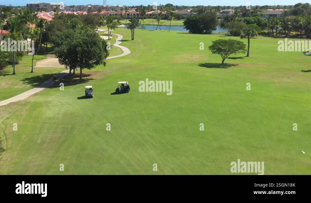 Golf club field with cart and playing golfers. Aerial view Stock Video ...