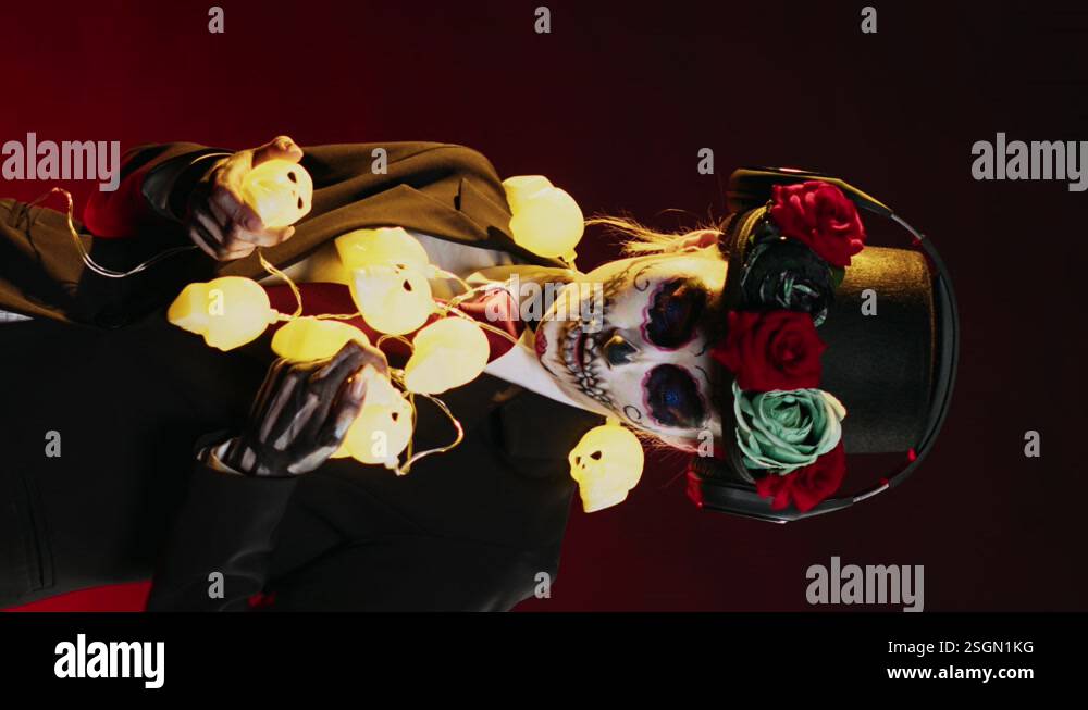 Vertical video: Creepy lady of death listening to music in studio Stock ...