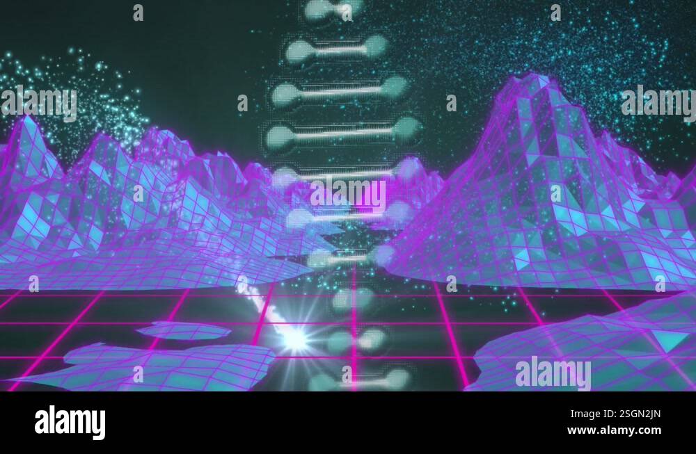 Animation of dna helix and flying lens flare with digital mountains ...