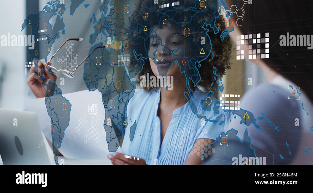 Animation of data processing and world map over diverse business people ...