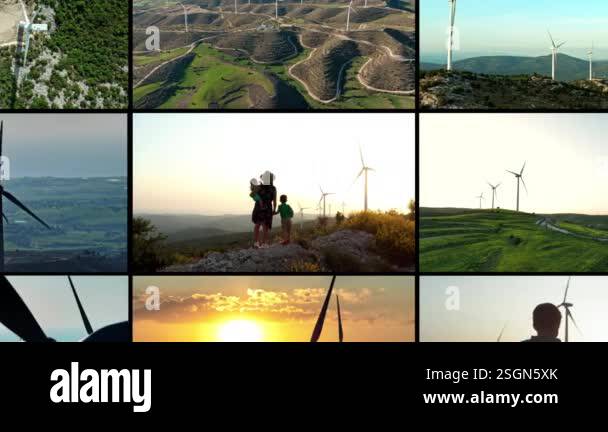 Video collage of renewable energy sources: Windmills spinning in open ...