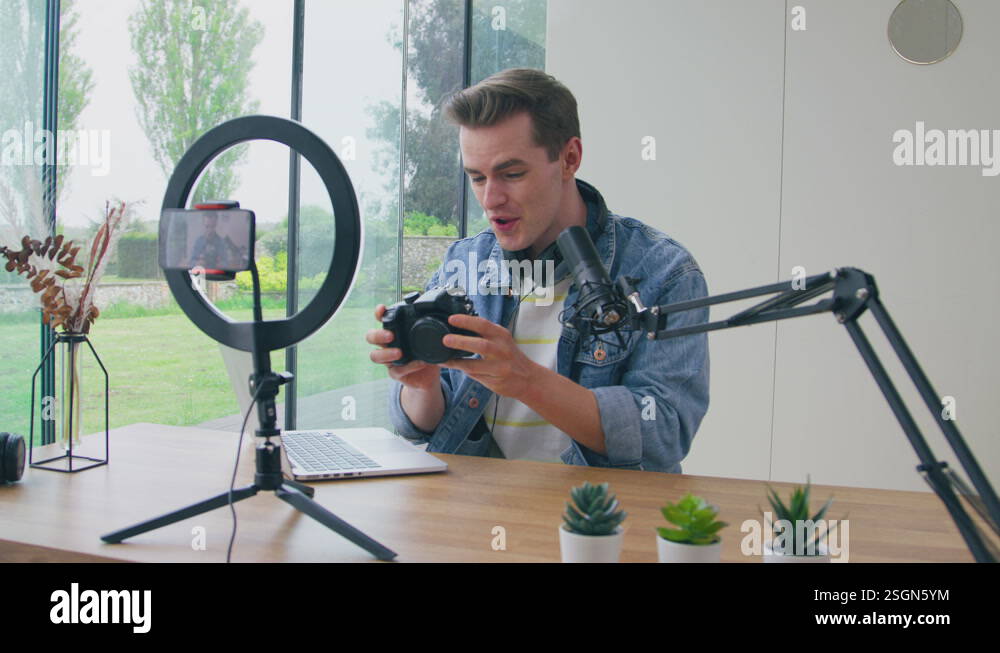 Male Vlogger Live Streaming Camera Product Review Video At Home ...
