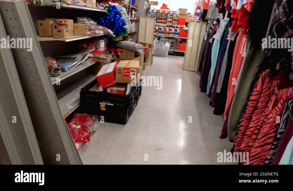 Family Dollar retail store interior cluttered aisle with boxes and ...