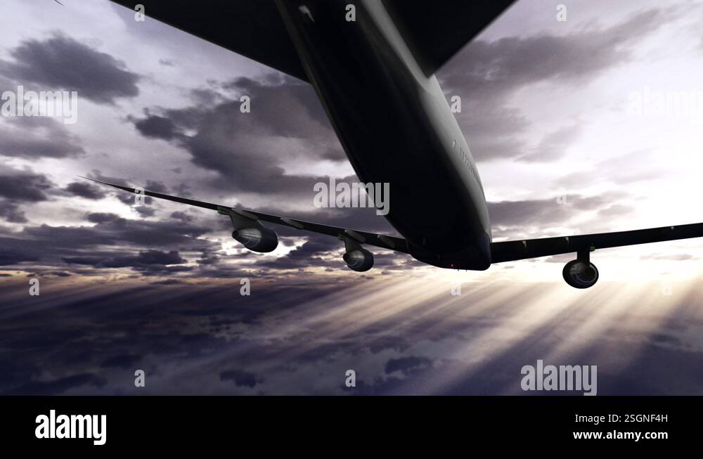 Jumbo Jet Flyby with Engines with Dramatic Cloudscape and Light Rays 4K ...