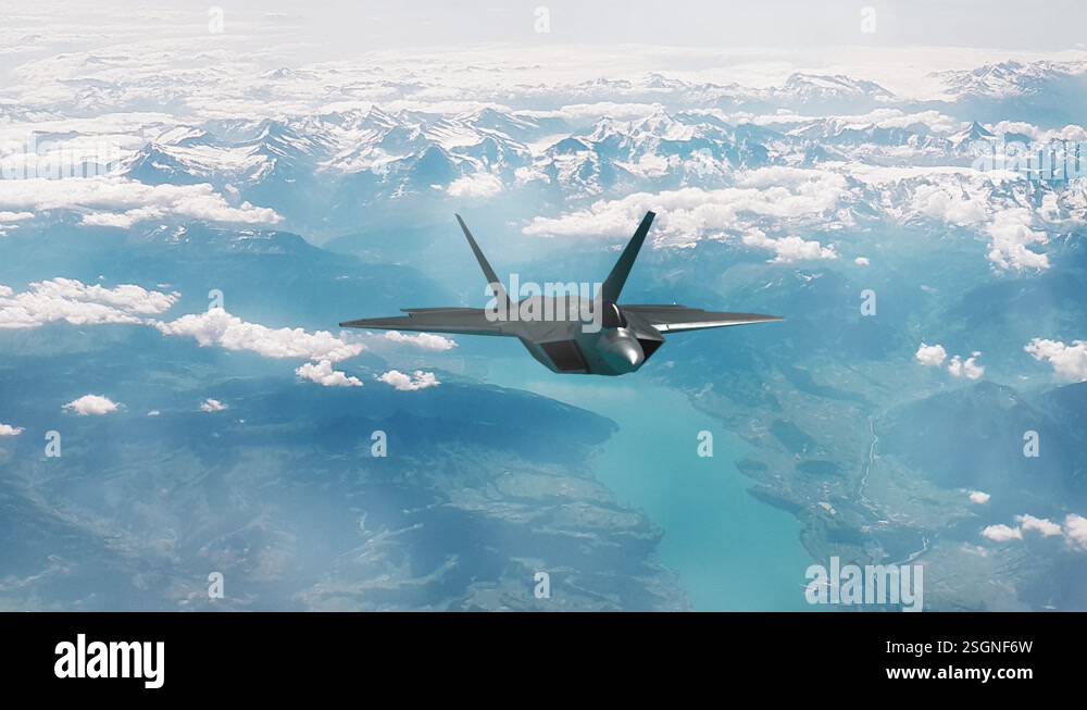 Military Fighter Jet Flying High Above Clouds and Lakes 3D CGI ...