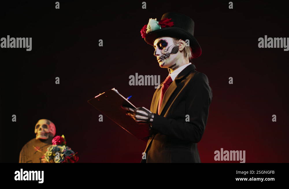 Horror model taking notes on papers in studio Stock Video Footage - Alamy