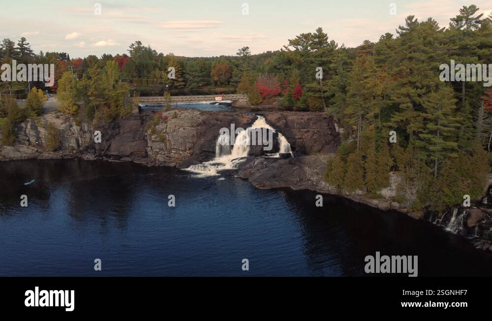 Drone Approaching Towards Muskoka High Falls During Autumn In ...