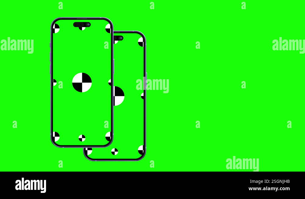 3D render of two smartphone with a green background. Rotating in screen ...
