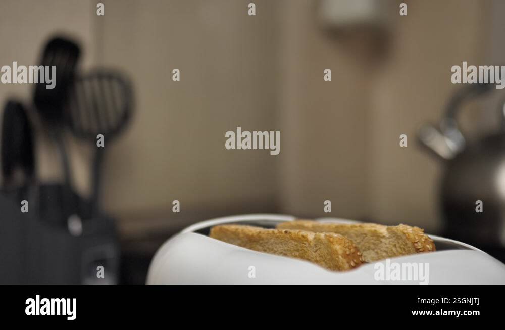 Fried toast bread pops out of a white modern toaster, slow motion Stock Video Footage - Alamy