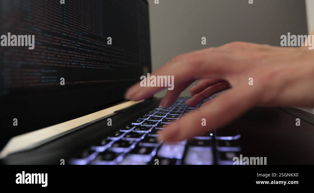 Closeup coding on screen, woman hands coding html and programming on ...