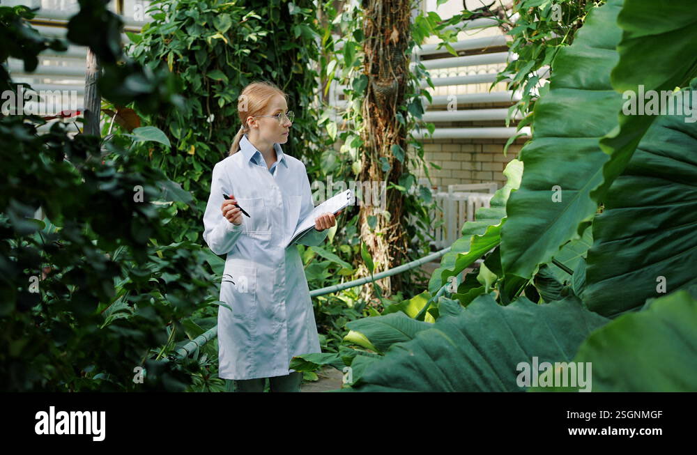 Lady scientist in robe walks and observes plant development Stock Video ...